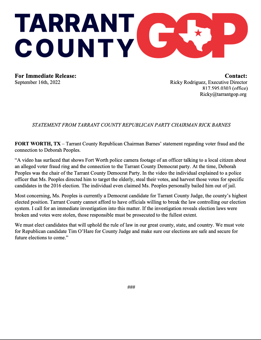 Tarrant County Republican Chairman Barnes’ statement regarding voter ...