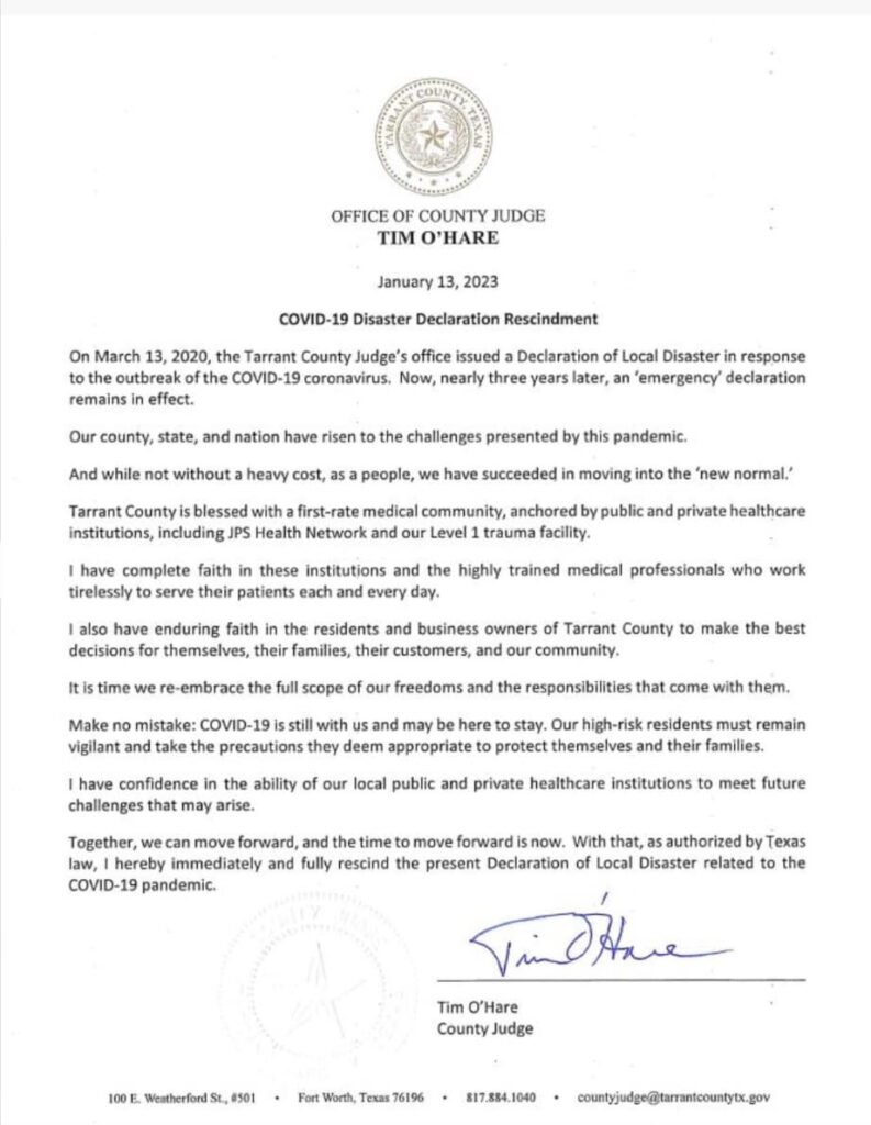 Tarrant County Judge, Tim O'Hare, Rescinded the Covid-19 Emergency ...